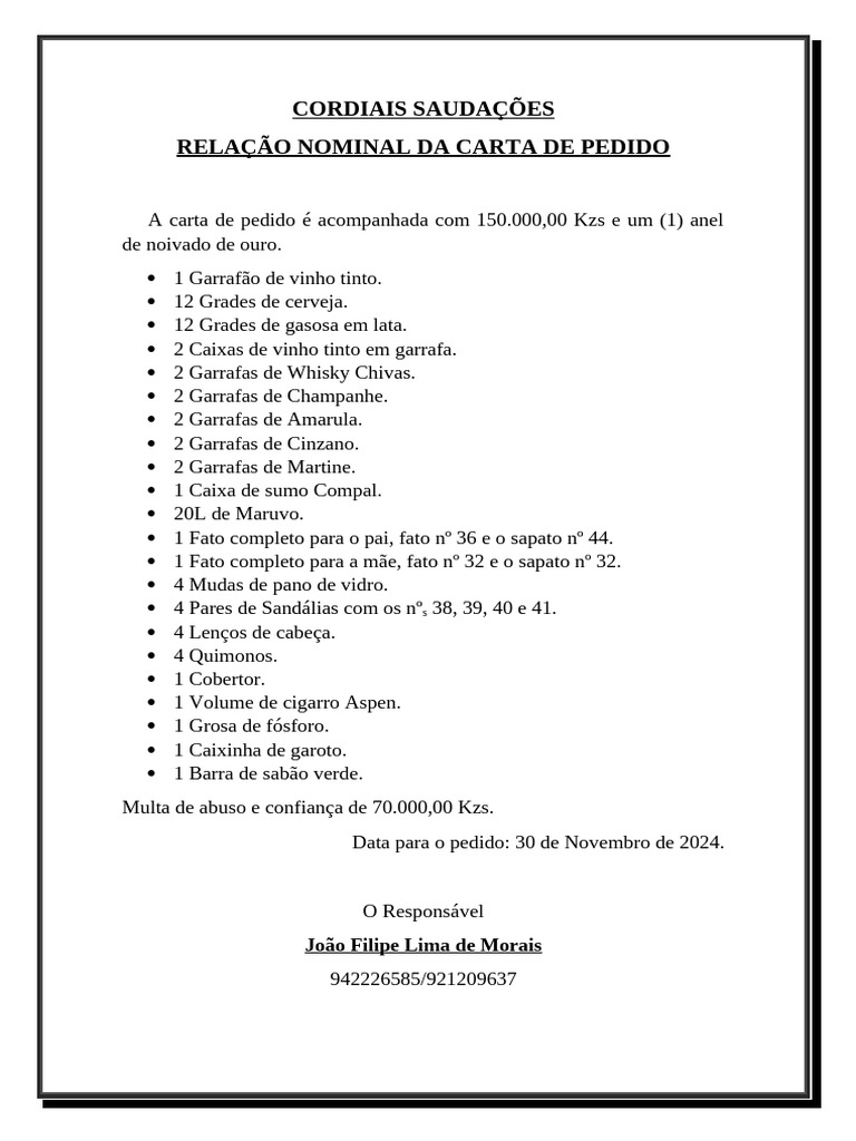 Carta de Pedido com Itens e Valores | PDF