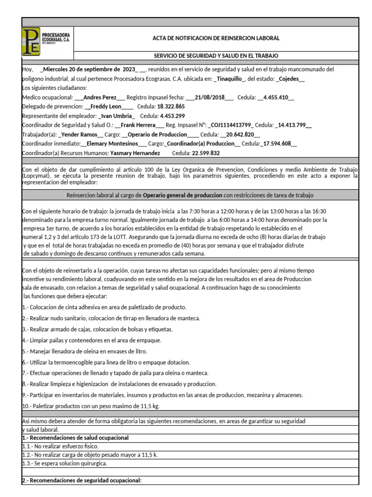 Acta de Reintegro | PDF | Seguridad y salud ocupacional | Tiempo de trabajo