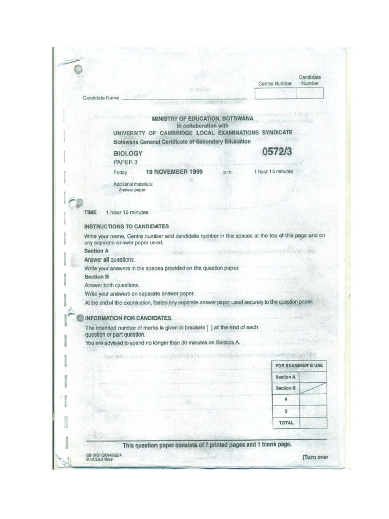 Biology Paper 3 1999 | PDF