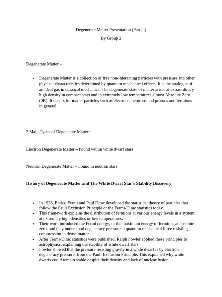 Degenerate Matter Presentation Group 2 | PDF | Matter | Quantum Mechanics