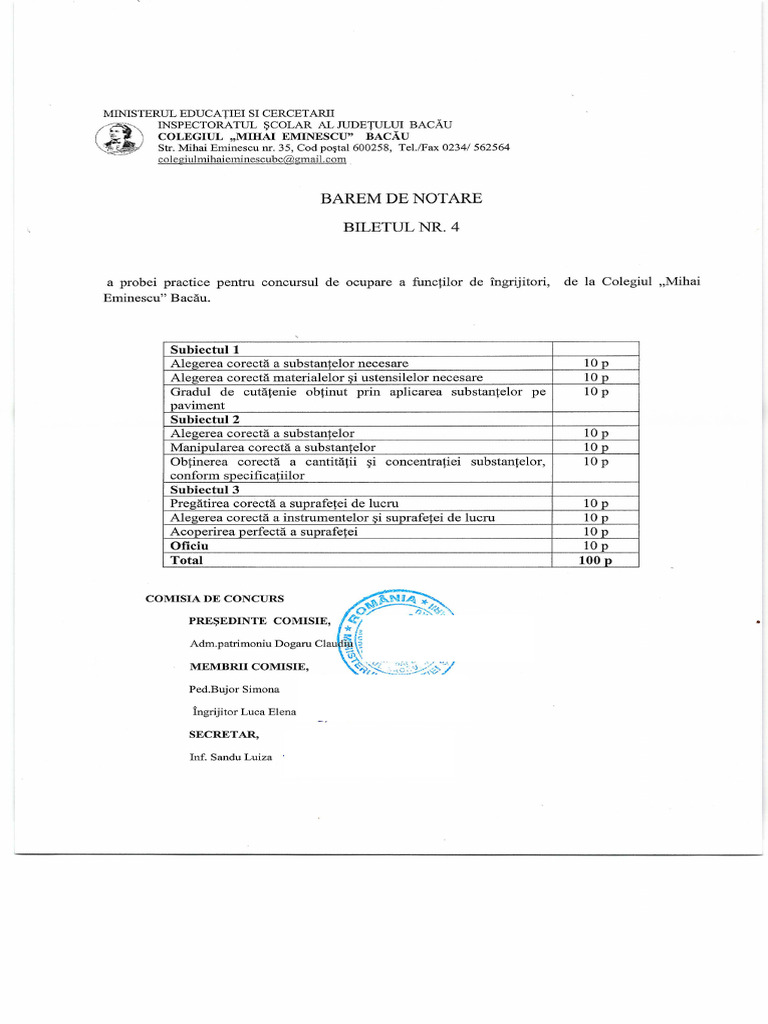 Barem proba practica concurs ingrijitori | PDF