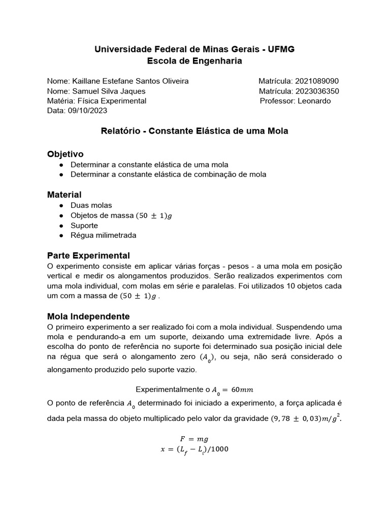Constante Elástica de Uma Mola - Exp. 4 | PDF | Massa | Ciências Físicas