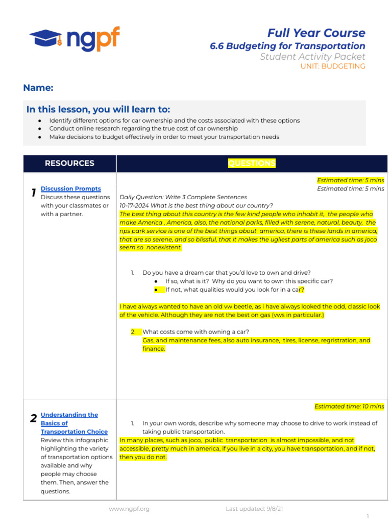 Budgeting For Transportation - Student Activity Sheet | PDF | Car ...