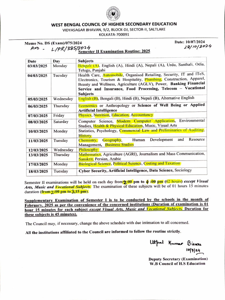 Class XI Semester II 2025 Exam Routine | PDF | Science