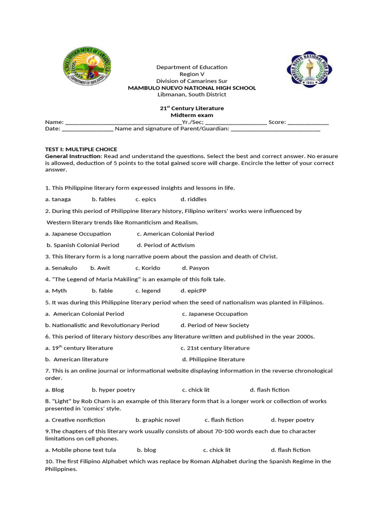 Midterm Exam 21ST Century Lit | PDF | Novels | Poetry