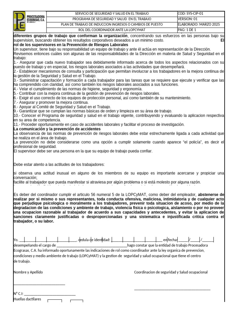 Rol del Supervisor en Seguridad Laboral | PDF | Seguridad y salud ...