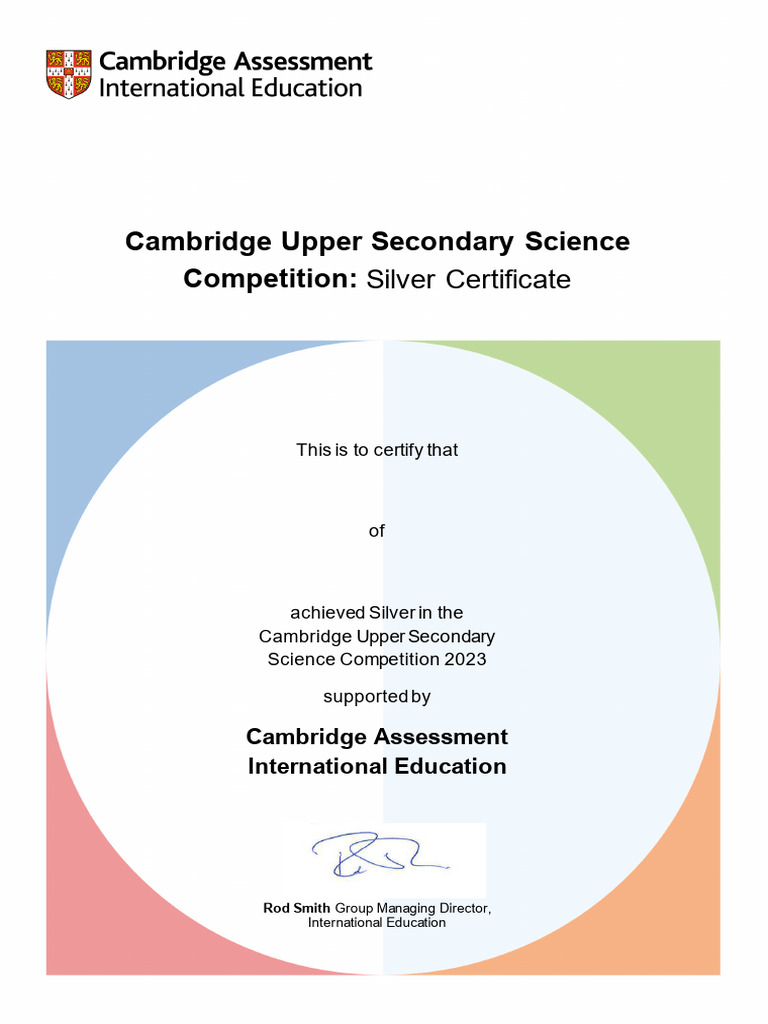 Cambridge Science Competition Certificate - Silver | PDF