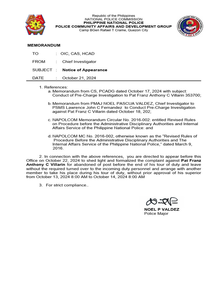 Notice of Appearance for Investigation | PDF