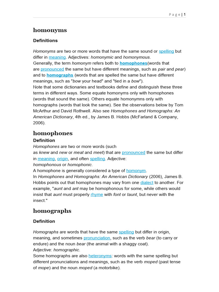 200 Homonyms Homophones and Homographs | PDF | Lexical Semantics ...