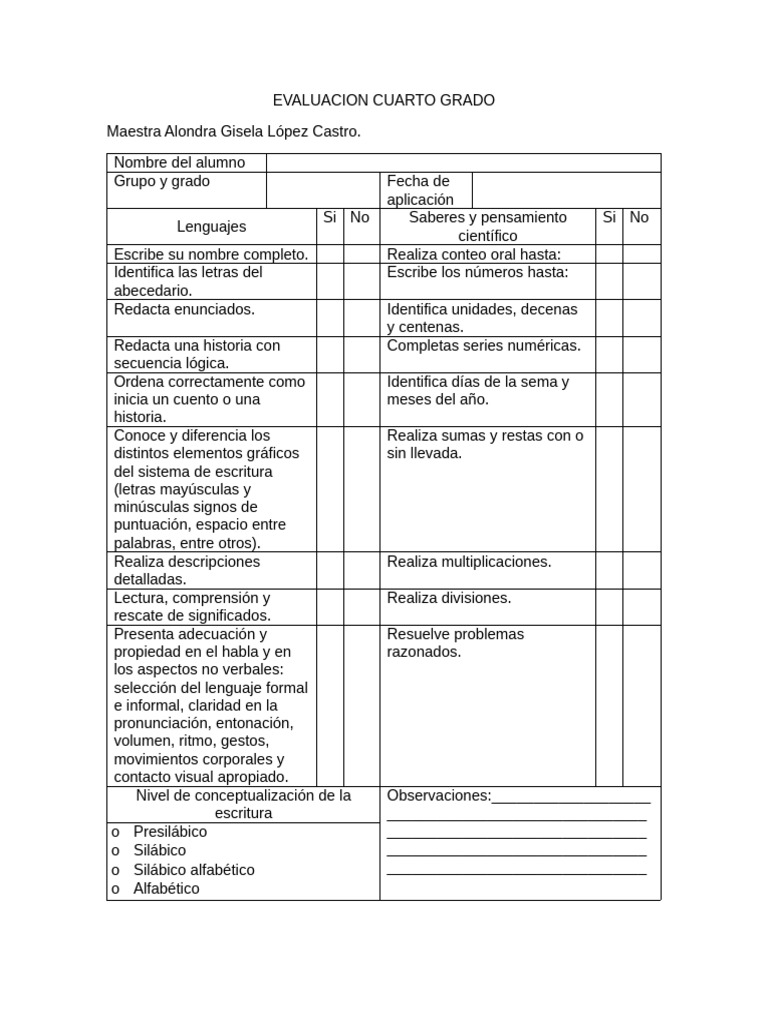 Evaluacion Cuarto Grado | PDF