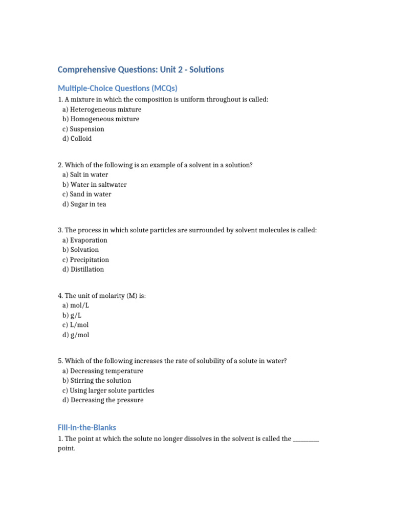 Unit 2 Solutions: MCQs & Problem Solving | PDF | Solubility | Solvation
