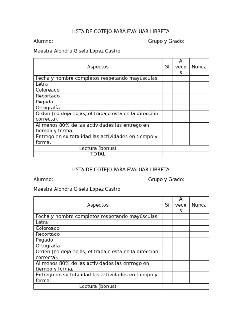 Lista de Cotejo para Evaluar Libretas | PDF