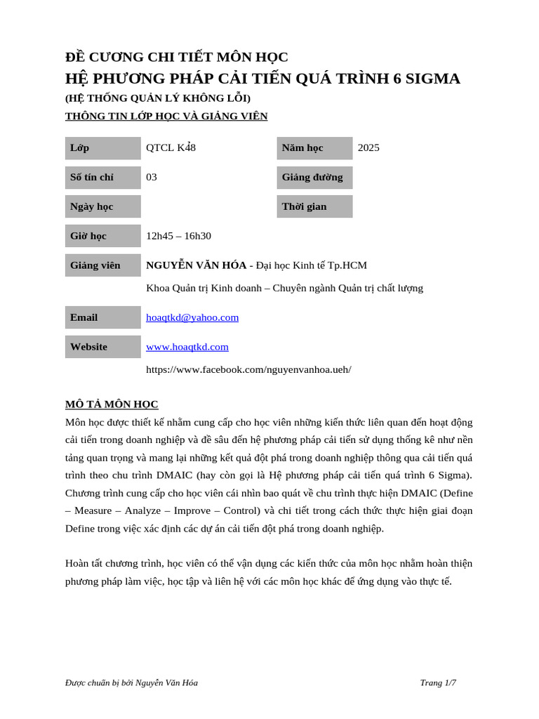 De Cuong Chi Tiet Mon Hoc 6 Sigma - K48 | PDF