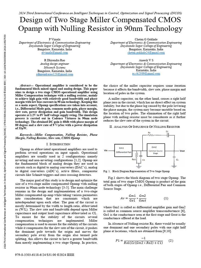 Design of Two Stage Miller Compensated CMOS Opamp With Nulling Resistor in 90nm Technology | PDF ...
