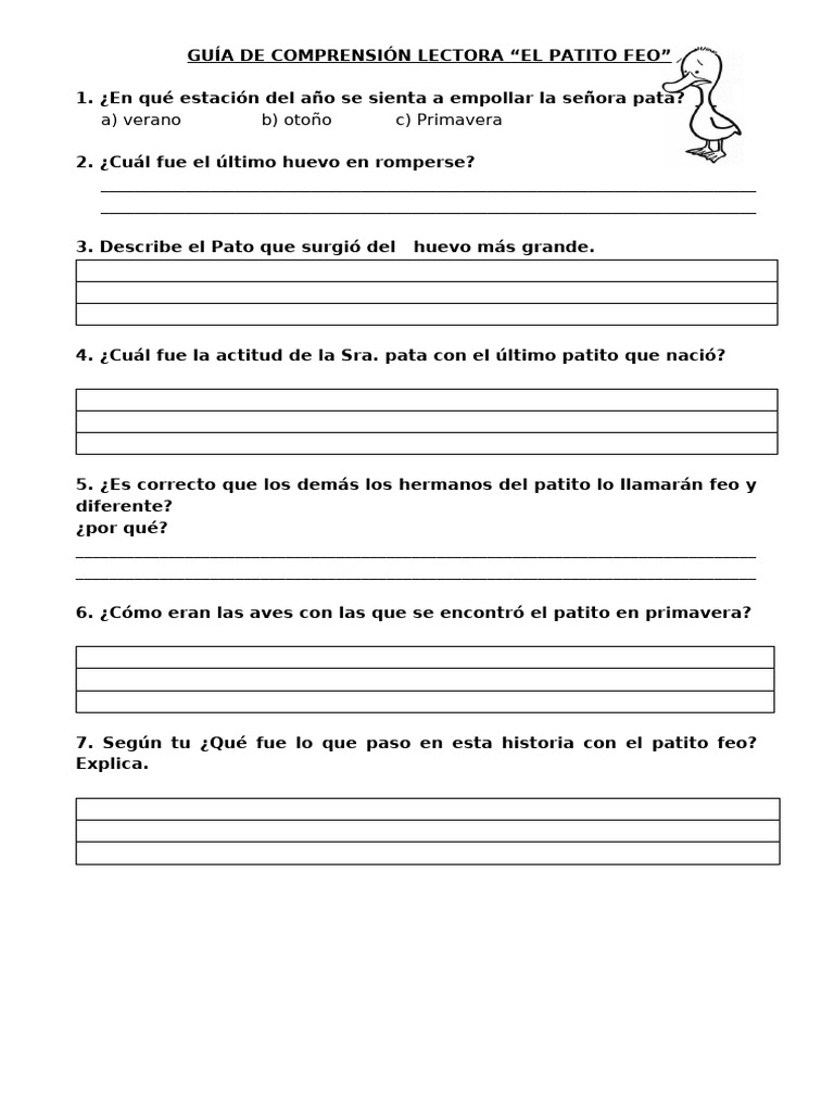 Guia de Comprension Lectora Patito Feo | PDF