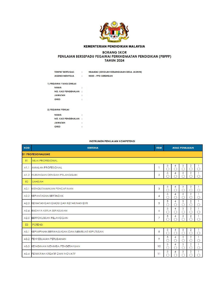 Borang Skor Penilaian Bersepadu Pegawai Perkhidmatan Pendidikan | PDF