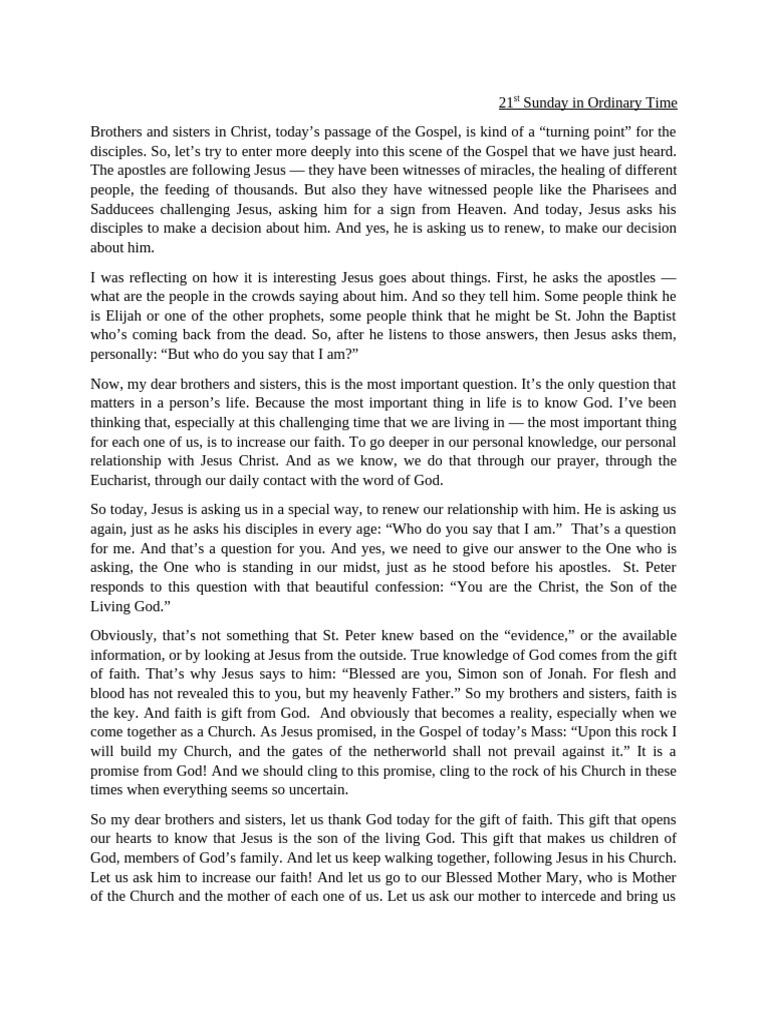 21st Sunday in Ordinary Time | PDF | Jesus | Saint Peter