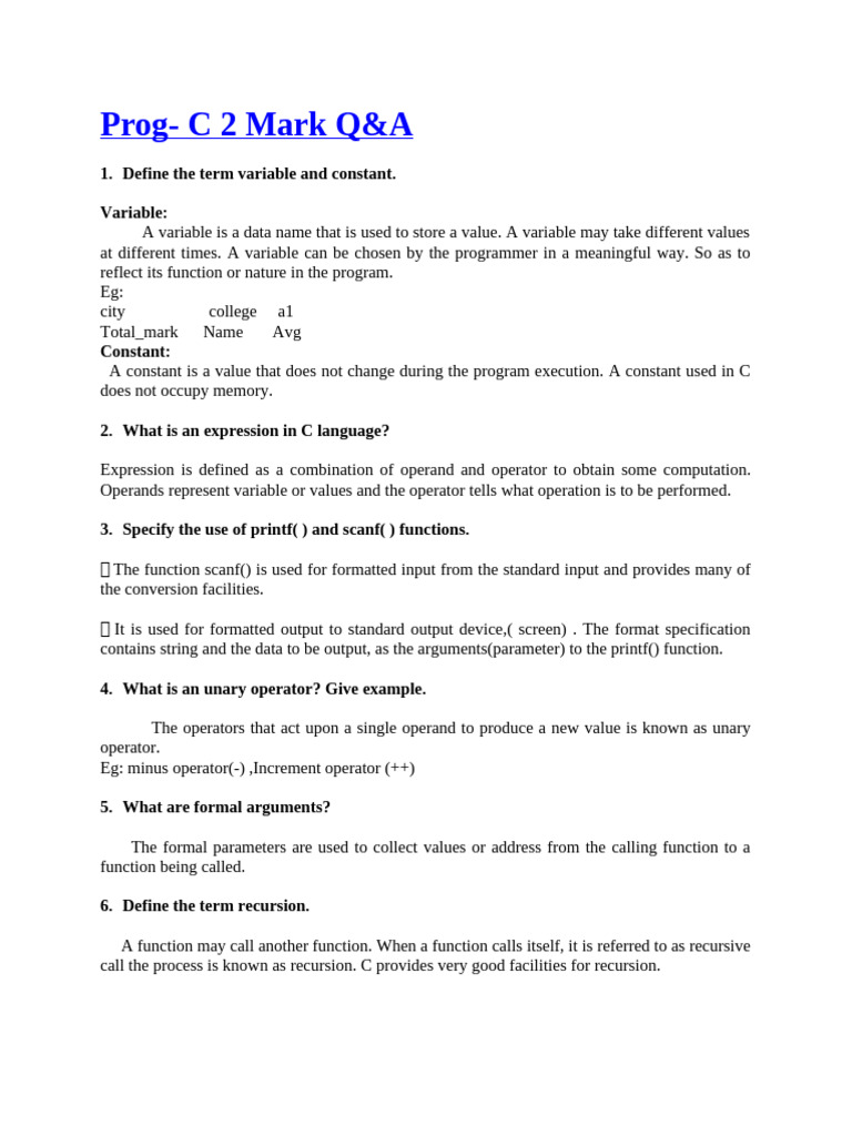 Two Marks For cs3353 With Answer | PDF | Pointer (Computer Programming) | Parameter (Computer ...