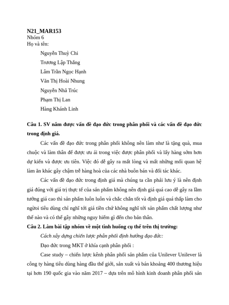 N21 - MAR153: Câu 1. SV nắm được vấn đề đạo đức trong phân phối và các vấn đề đạo đức trong định ...