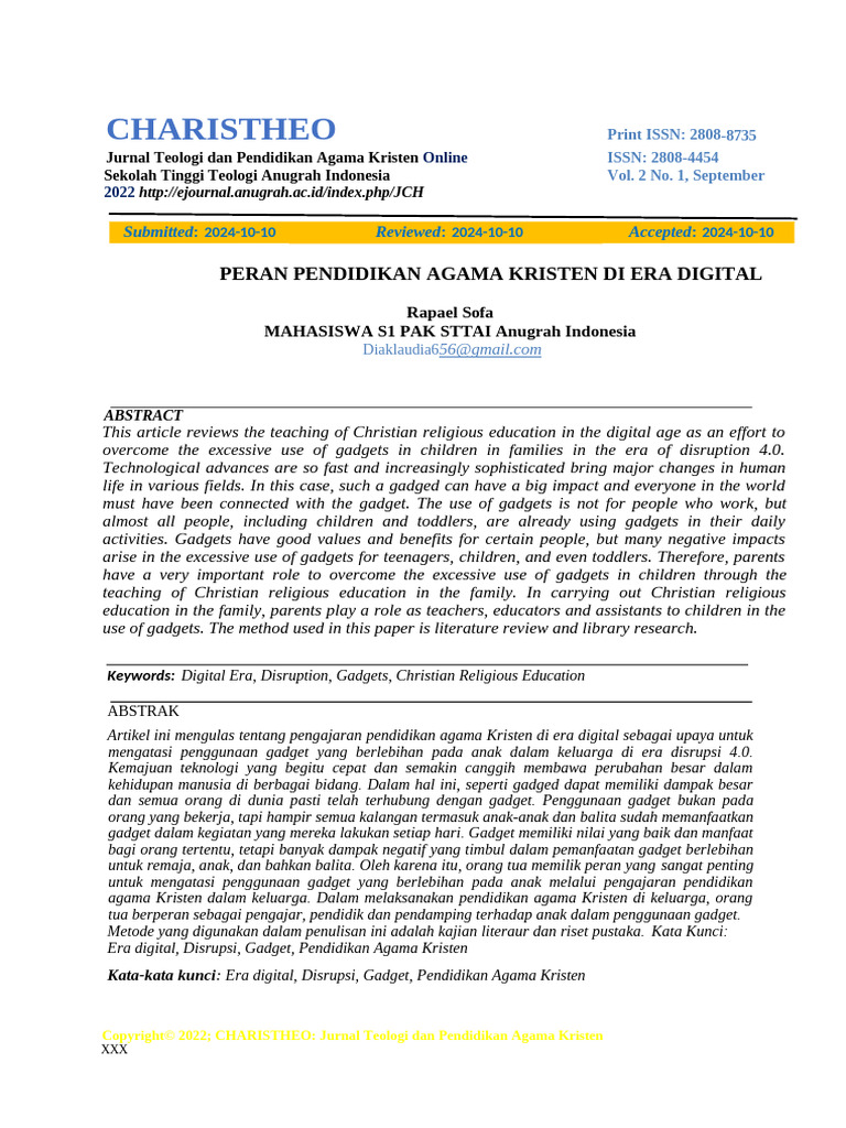 Jurnal Peran Pendidikan Agam Kristen Di Era Digital (Rapael Sofa) - 1 | PDF