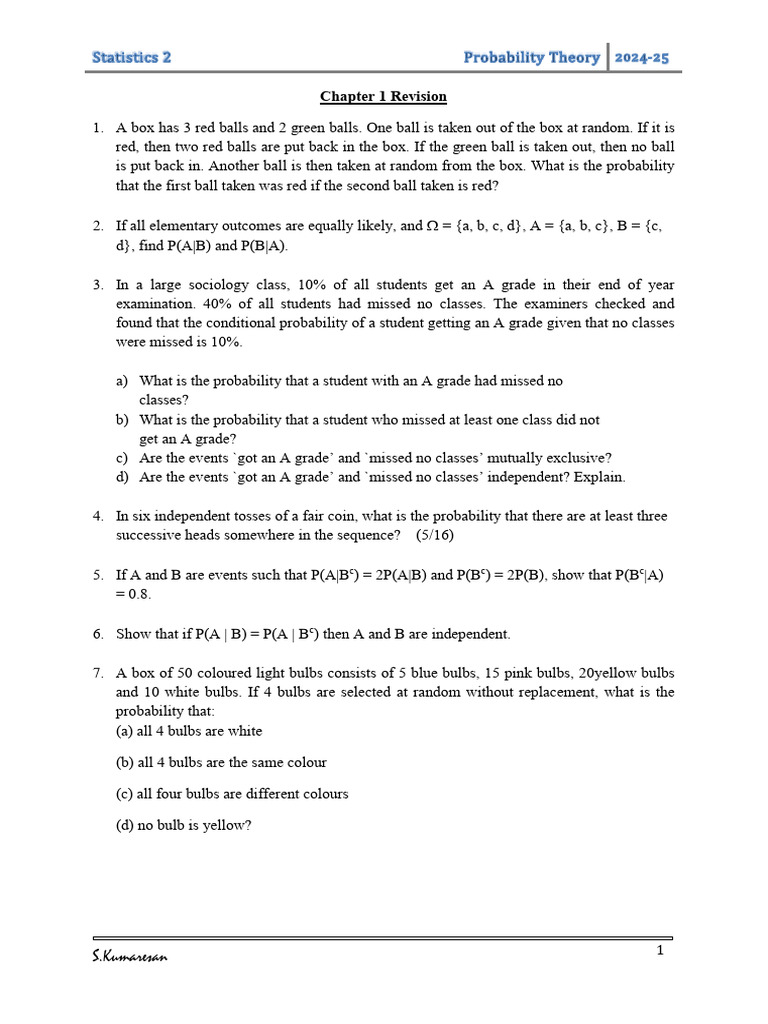 S2 CH 1 Revision 2024 | PDF | Probability | Statistics