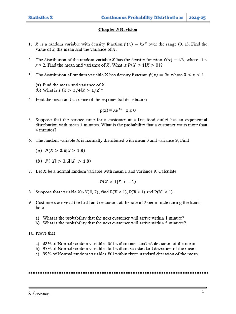 S2 Chapter 3 Revision 2024 | PDF | Normal Distribution | Probability Density Function