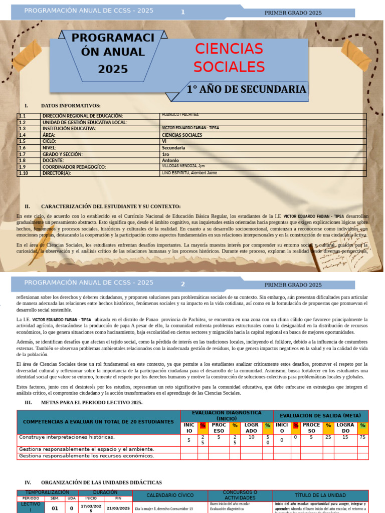 Programación Anual 2025 - CCSS 1°-Sc | PDF | Aprendizaje | Sustentabilidad