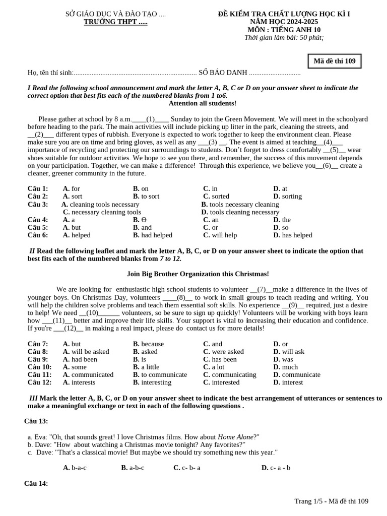 Đề Khảo Sát Chất Lượng Hki k10 | PDF
