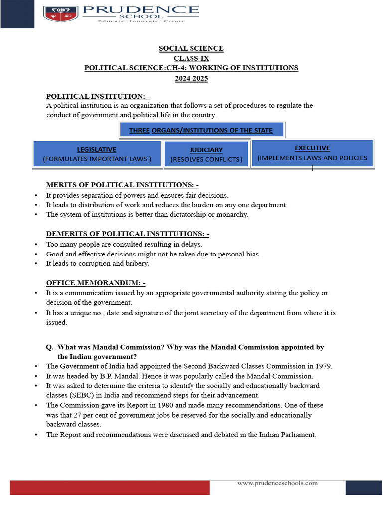 G9 PS Ch4 Working of The Institutions Notes 2024-25 | PDF | Cabinet ...