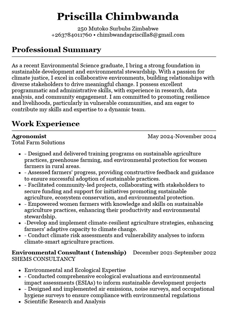 Resume Priscilla Chimbwanda 13 | PDF | Sustainability | Agriculture