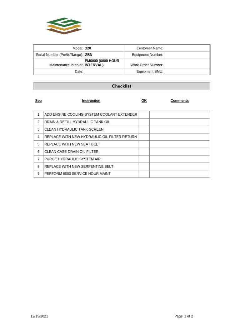 Checklist-6000 Hour-320-Zbn00001-99999-Pm - 6000 - Metric | PDF