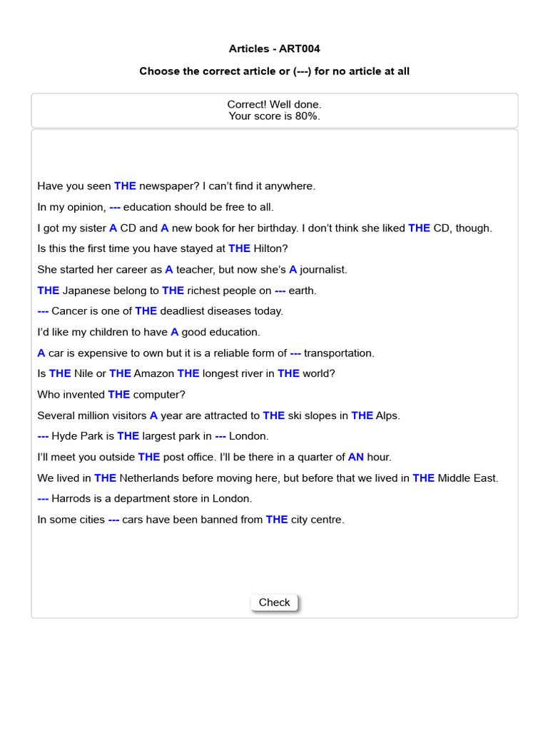 Definite Article Exercises - ART004 | PDF