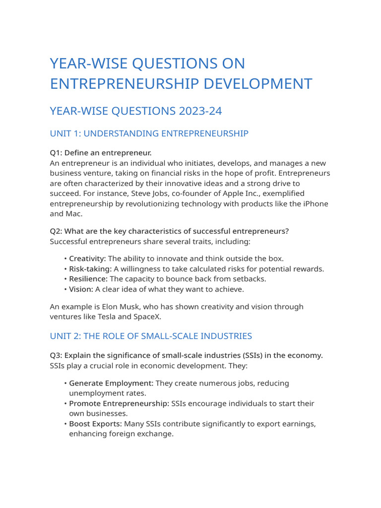 Year-Wise Questions On Entrepreneurship Development | PDF ...