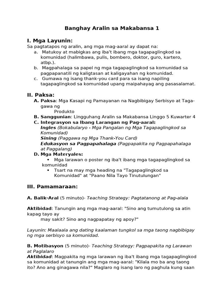 Banghay Aralin Sa Makabansa 1 | PDF