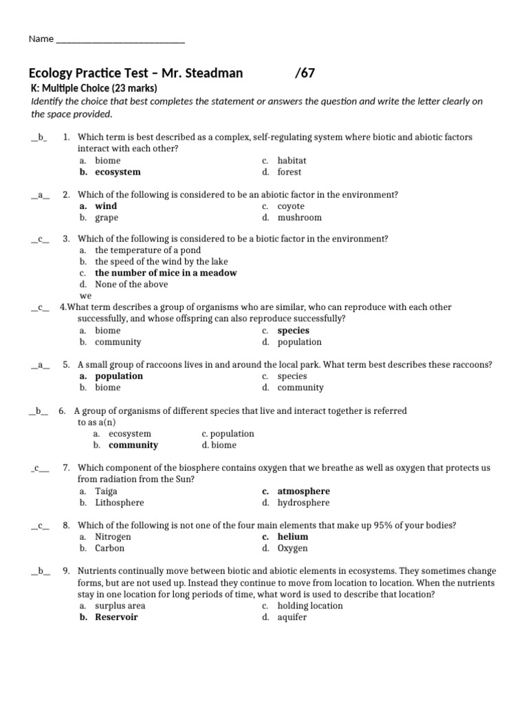 Ecology Practice Test for Students | PDF | Ecosystem | Foods