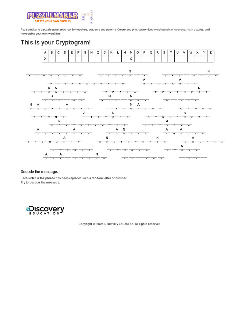 Cryptogram Puzzle _ Discovery Education Puzzlemaker | PDF