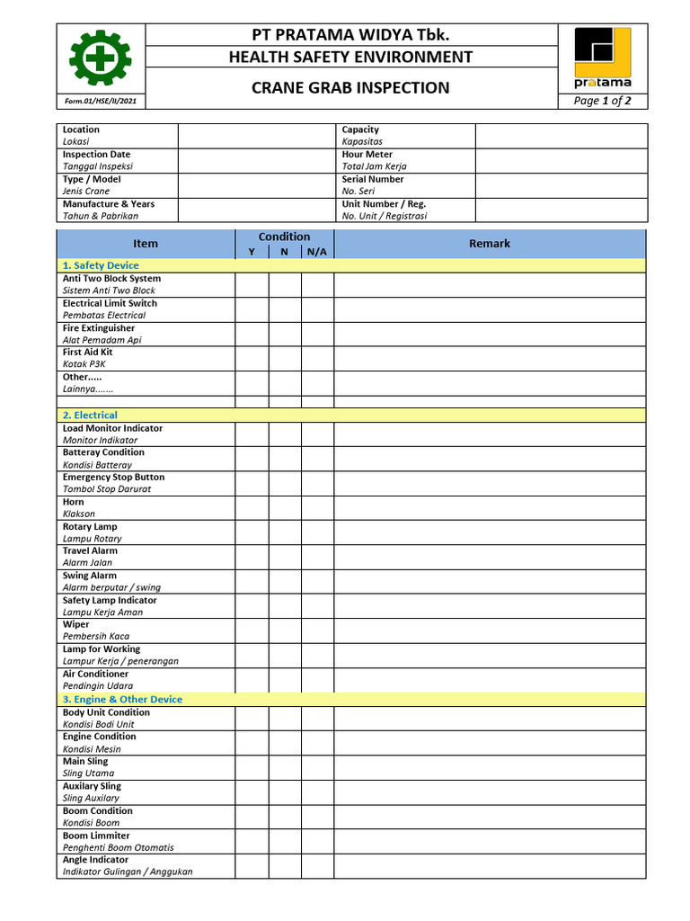 Crane Grab Inspection Checklist | PDF | Crane (Machine) | Machines