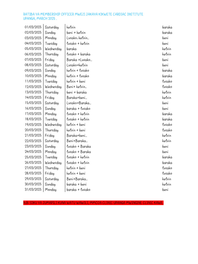Ratiba M.O March 2025 Jkci Upanga | PDF