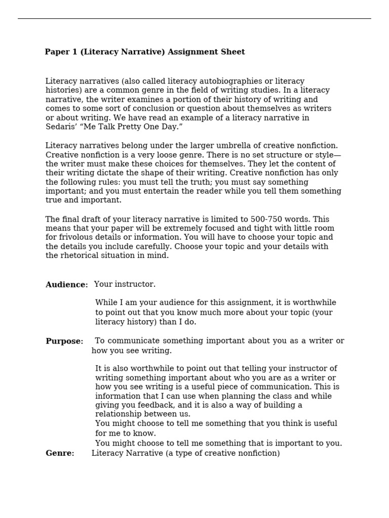 Paper 1 Literacy Narrative Assignment Instructions | PDF