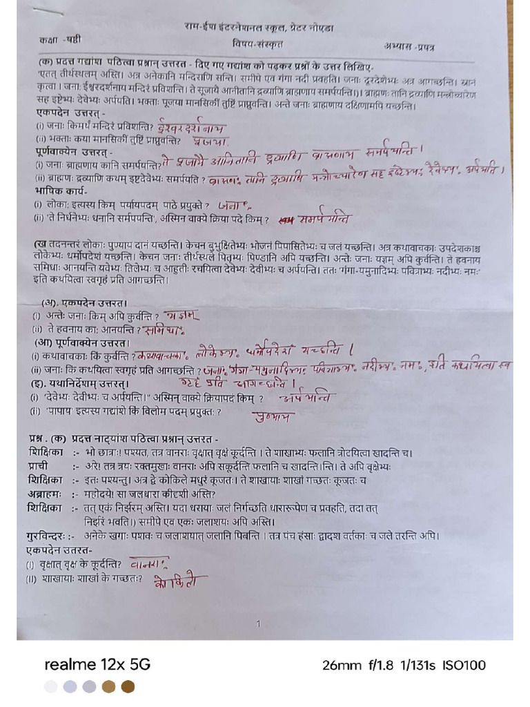 Class 6th Worksheet, Sanskrit | PDF