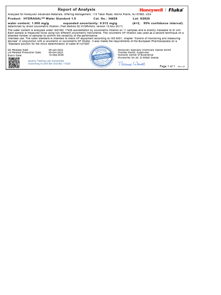 HYDRANAL™ Water Standard 1.0 CAT - No N2820 - Lote 34828 | PDF
