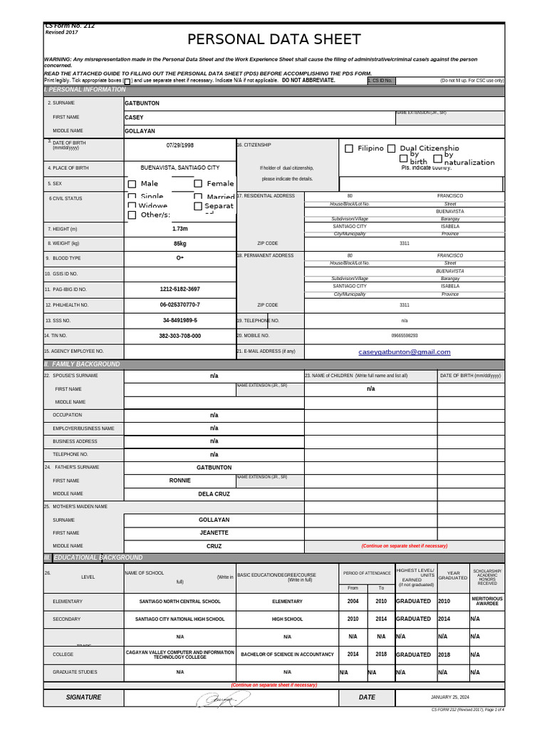 CS Form No. 212 Personal Data Sheet revised | PDF | Government