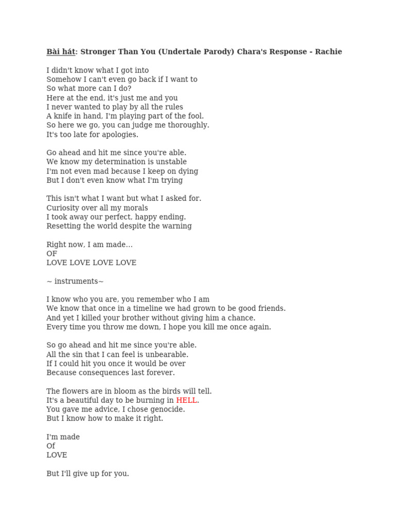 Chara's Response: Stronger Than You Lyrics | PDF
