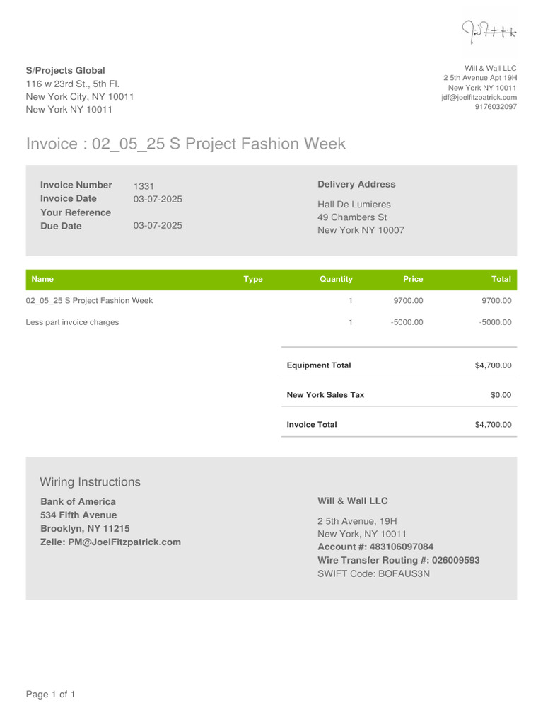1331 02-05-25 S Project Fashion Week JFS-Invoice 1411 | PDF