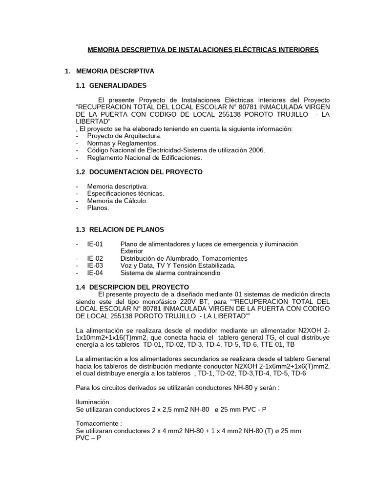 Memoria Descriptiva - Electricas | PDF | Aislador (Electricidad) | Cableado eléctrico