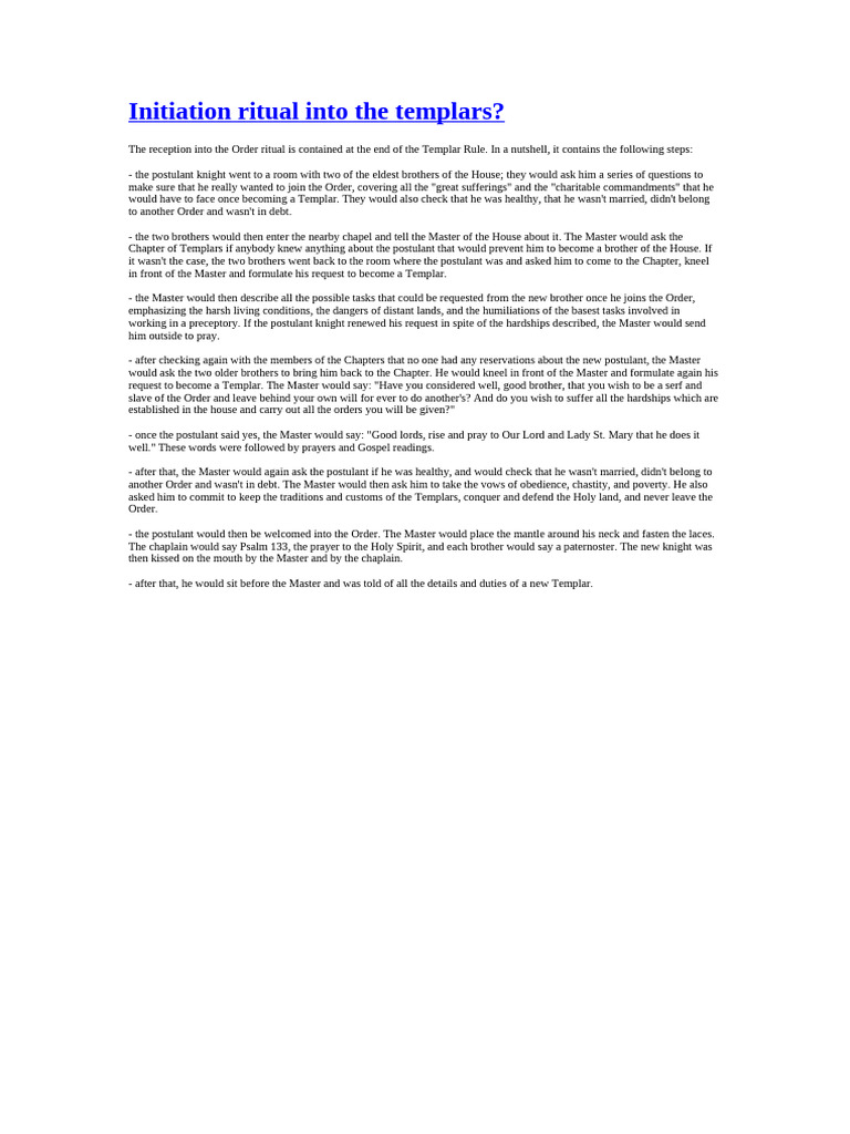 Initiation Ritual Into The Templars 1 | PDF | Knights Templar