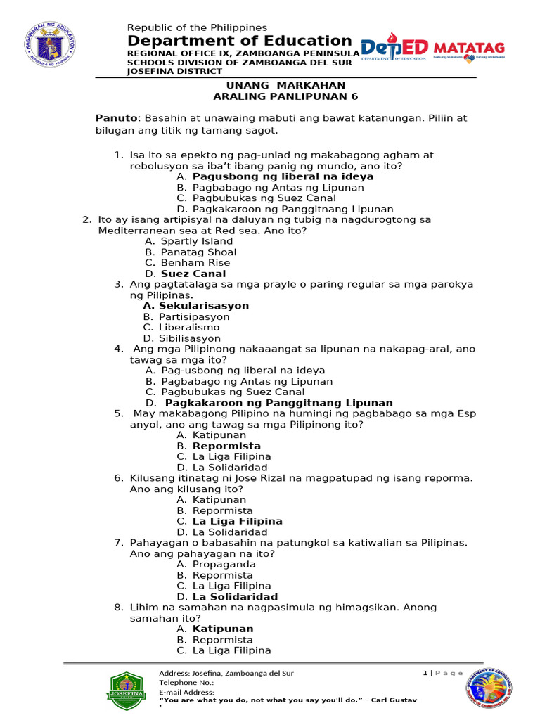 Unang Markahan Sa ARAL Pan 6 | PDF