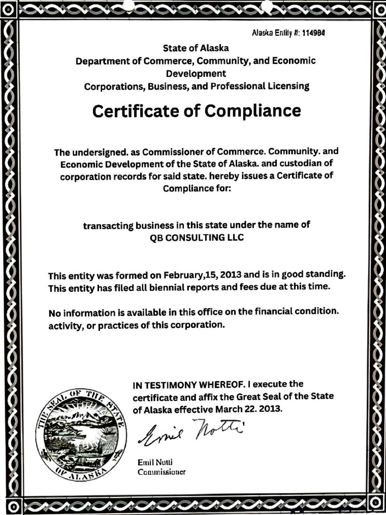 Alaska Certificate of Compliance: QB Consulting LLC | PDF