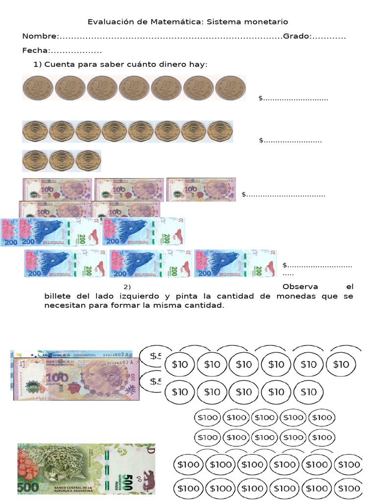 Actividades de Matemática: Dinero y Billetes | PDF