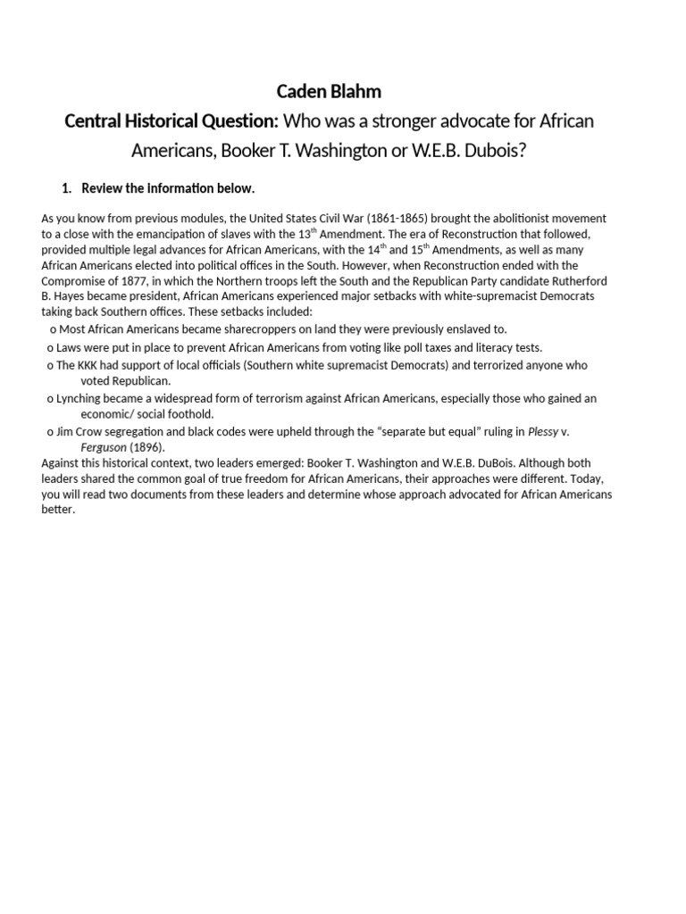 Washington vs. Du Bois: Advocacy for Blacks | PDF | W. E. B. Du Bois ...